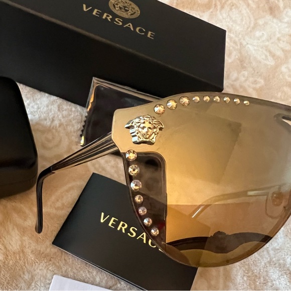 Versace | Accessories | Gold Mirror Versace Medusa 6mm Crystal Shield Sunglasses | Poshmark